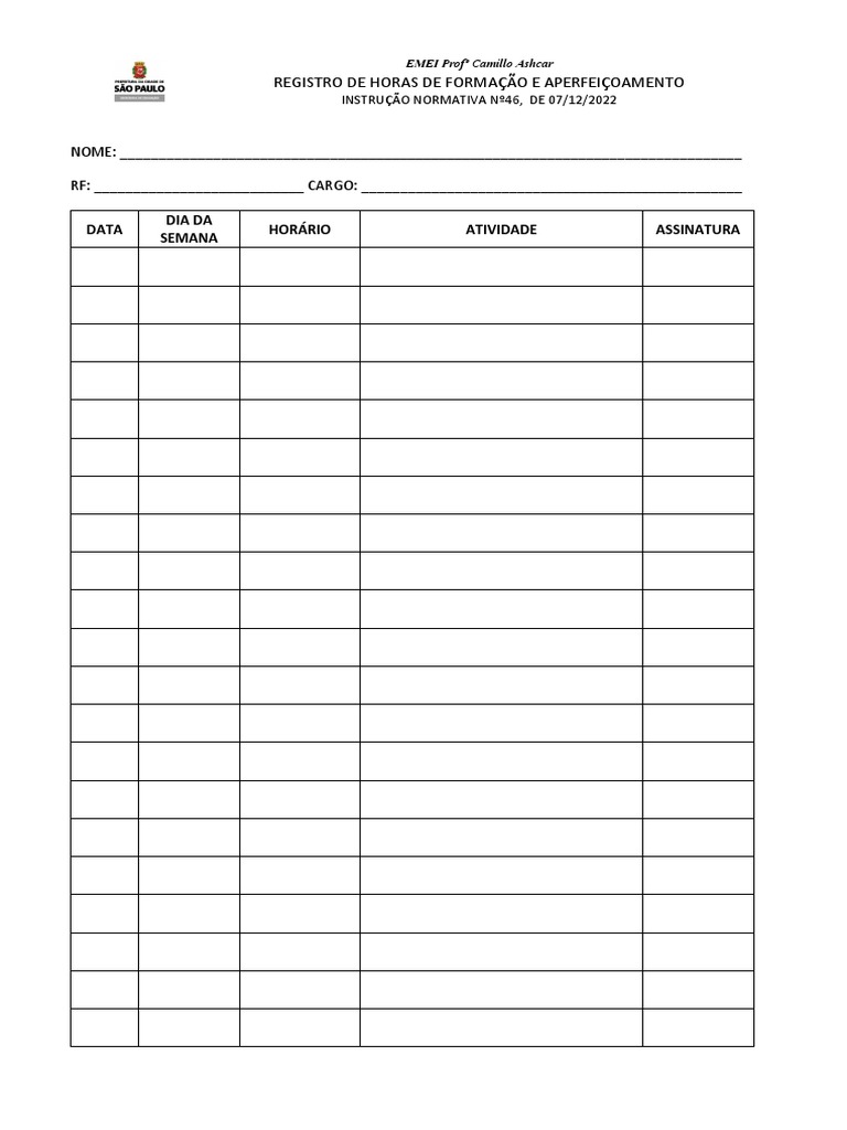 Formulário para Registro de Horas de Formação | PDF