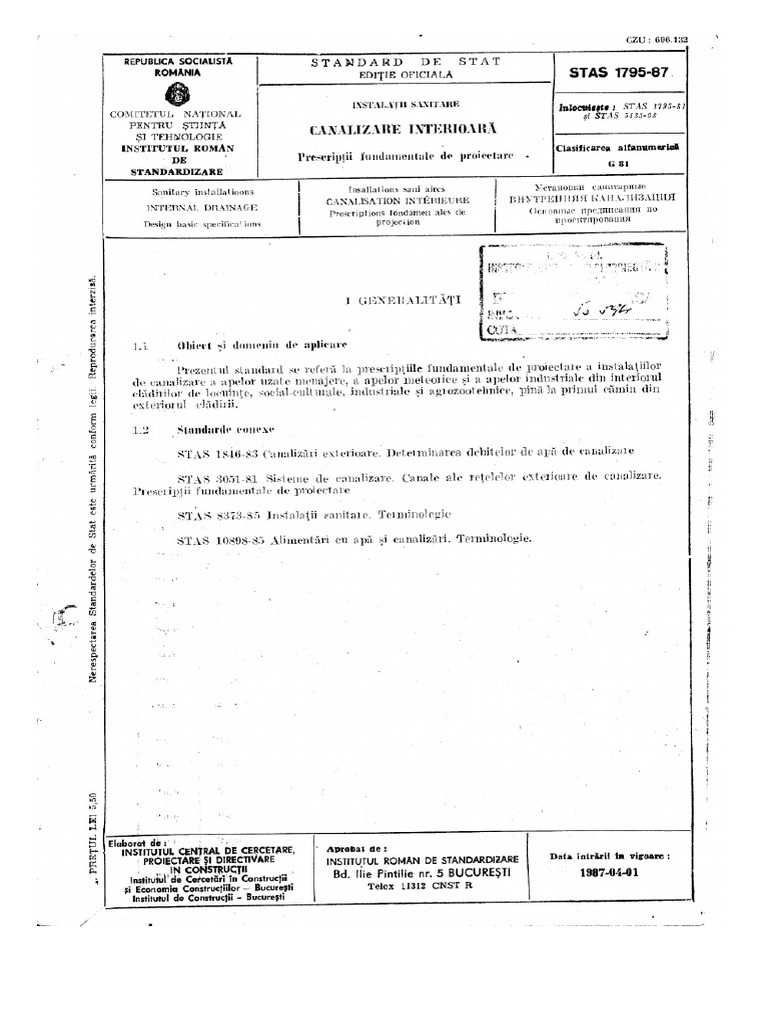 STAS 1795-87 Canalizari Interioare | PDF