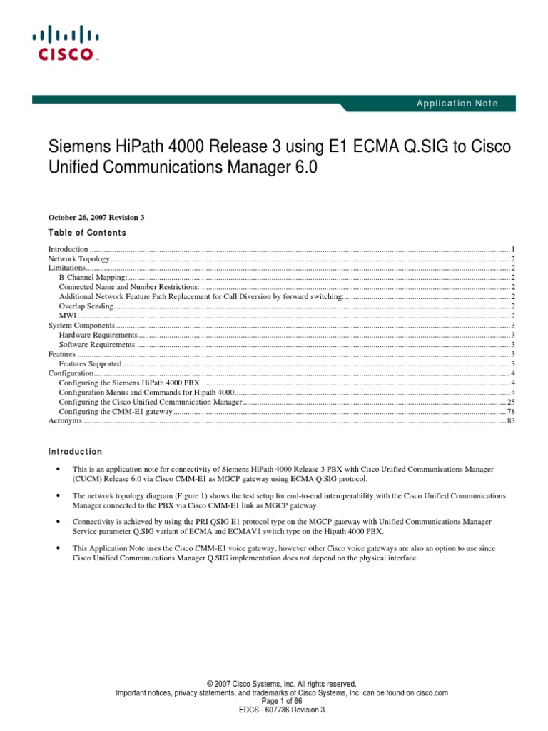 Silo - Tips - Siemens Hipath 4000 Release 3 Using E1 Ecma Qsig To Cisco ...