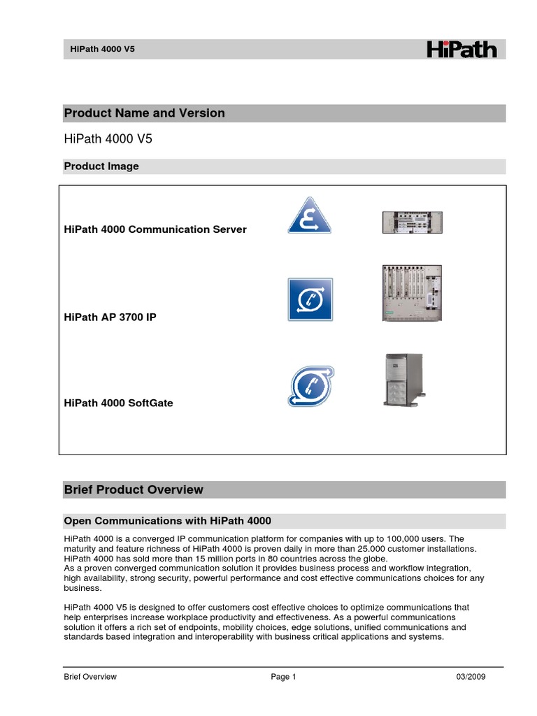 Silo - Tips - Product Name and Version Hipath 4000 v5 Brief Product ...
