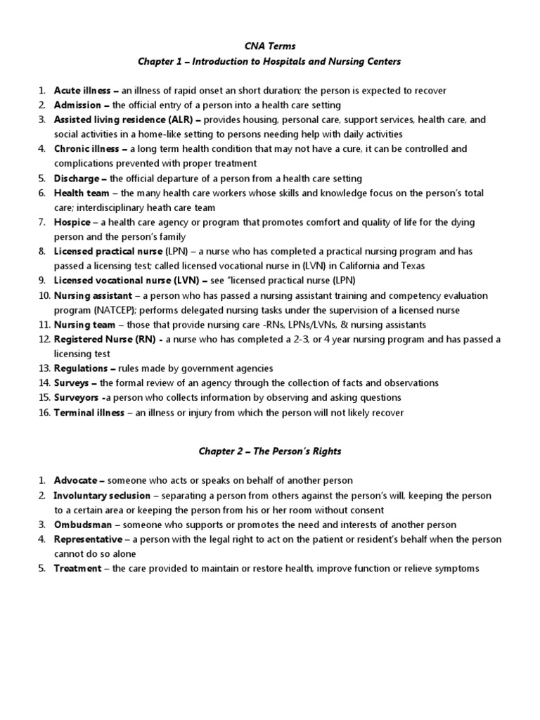 CNA Chapter 1 & 2 Terms | PDF | Nursing | Health Care CNA Chapter 1 & 2 Terms | PDF | Nursing | Health Care