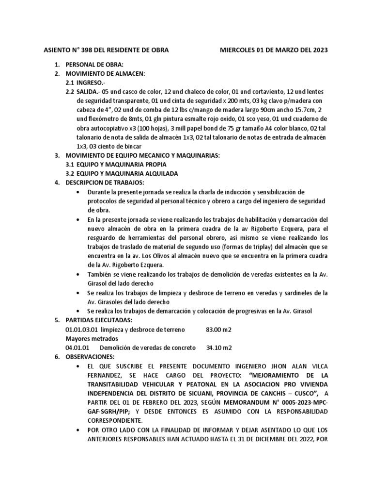 Cuderno de Obra Marzo Alan | PDF | Hormigón | Presupuesto