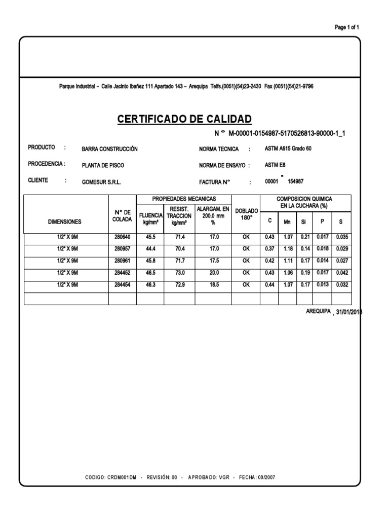 Certificado Aceros Arequipa | PDF
