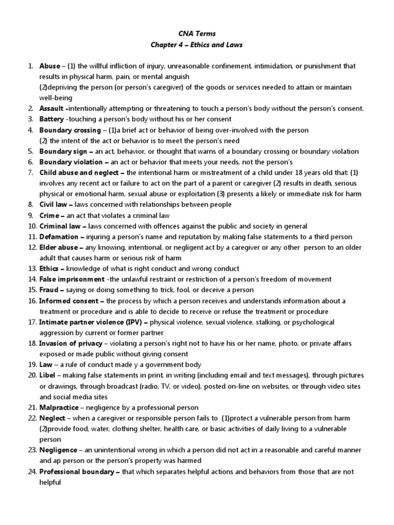 CNA Chapter 4 Terms | PDF | Violence | Crimes