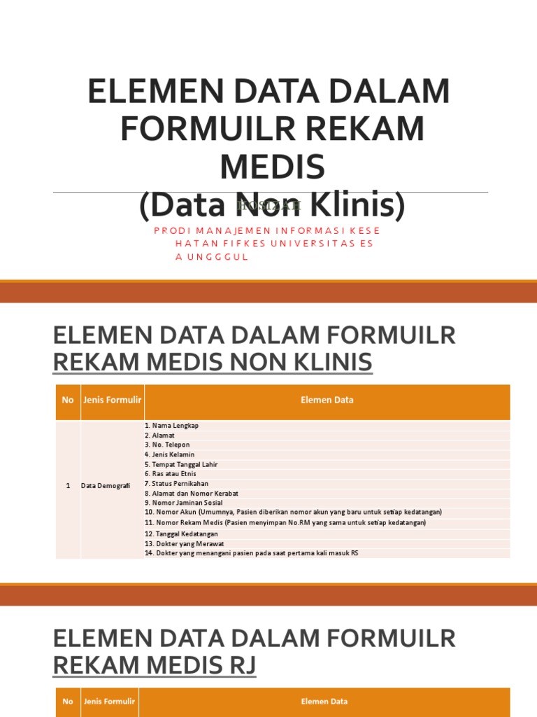 ELEMEN DATA DALAM FORMUILR REKAM MEDIS (Data Non Klinis) | PDF