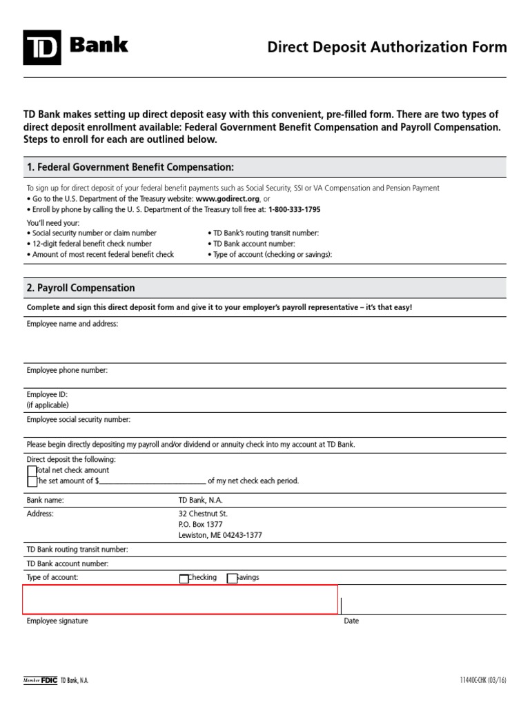 TD Bank Direct Deposit Authorization Form | PDF