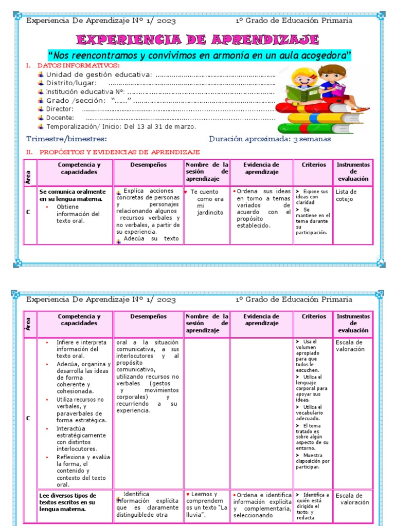 1° Marzo Experiencia de Aprendizaje 1 Año 2023 | PDF | Evaluación | Aprendizaje