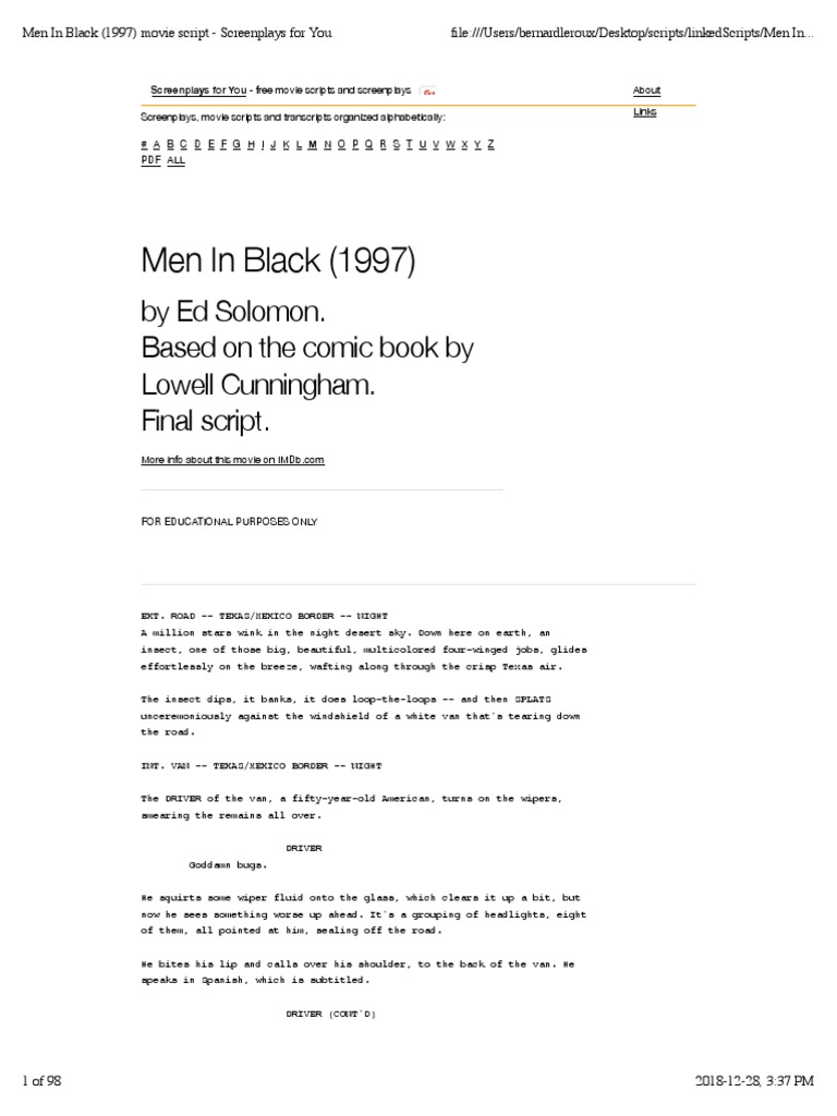 Men In Black (1997) movie script - Screenplays for You | PDF
