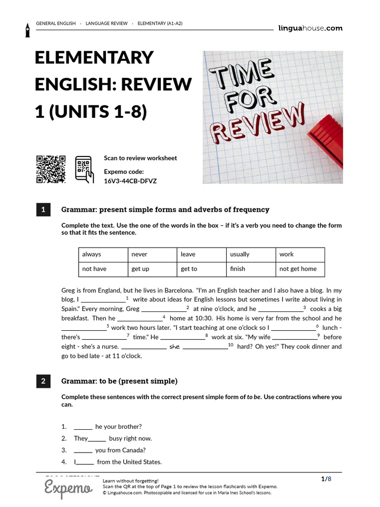 Elementary English Review 1 Units 1 8 British English Teacher BW | Download Free PDF | English ...