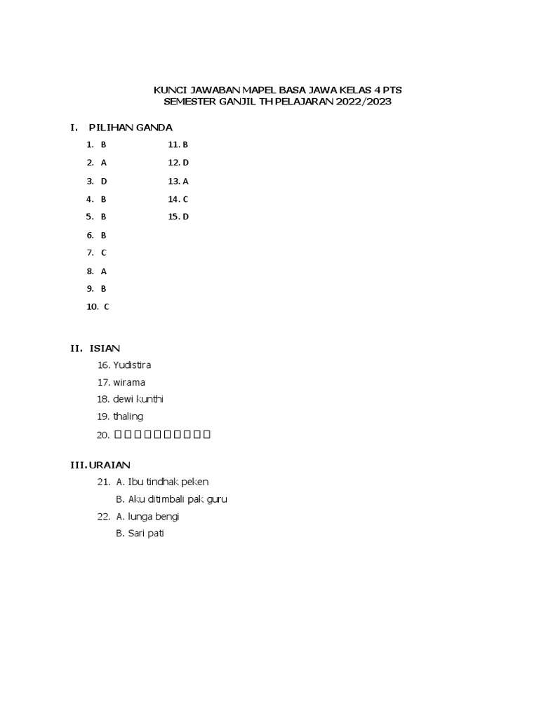 Kunci Jawaban Bahasa Jawa PTS Ganjil 2022.2023 | PDF