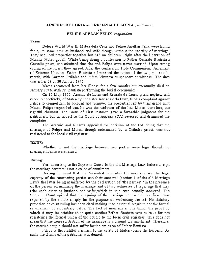 de Loria v. Felix, G.R. No. L-9005, June 20, 1958 | PDF | Marriage ...