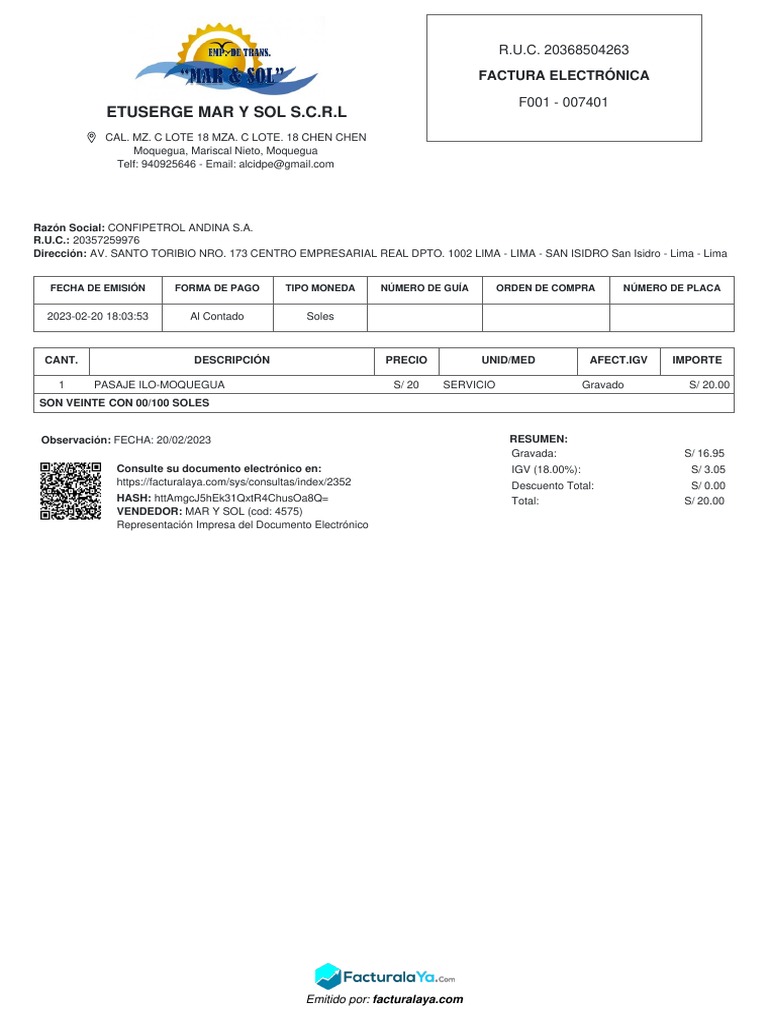 Etuserge Mar Y Sol S.C.R.L: Factura Electrónica | PDF
