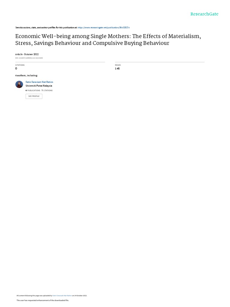 Economic Well-Being Among Single Mothers: The Effects of Materialism ... Economic Well-Being Among Single Mothers: The Effects of Materialism ...