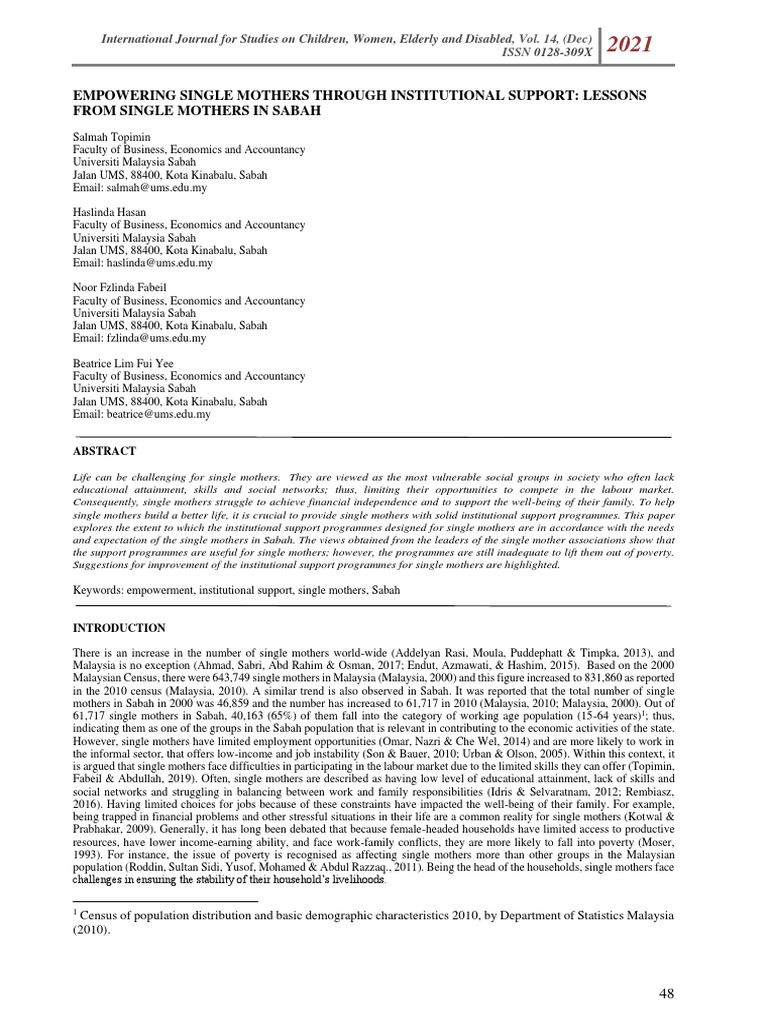 Empowering Single Mothers Through Institutional Support Lessons From Single Mothers in Sabah PDF ...