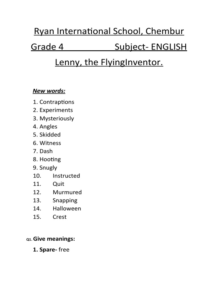 Ryan International School, Chembur Grade 4 Subject-English Lenny, The Flyinginventor | PDF