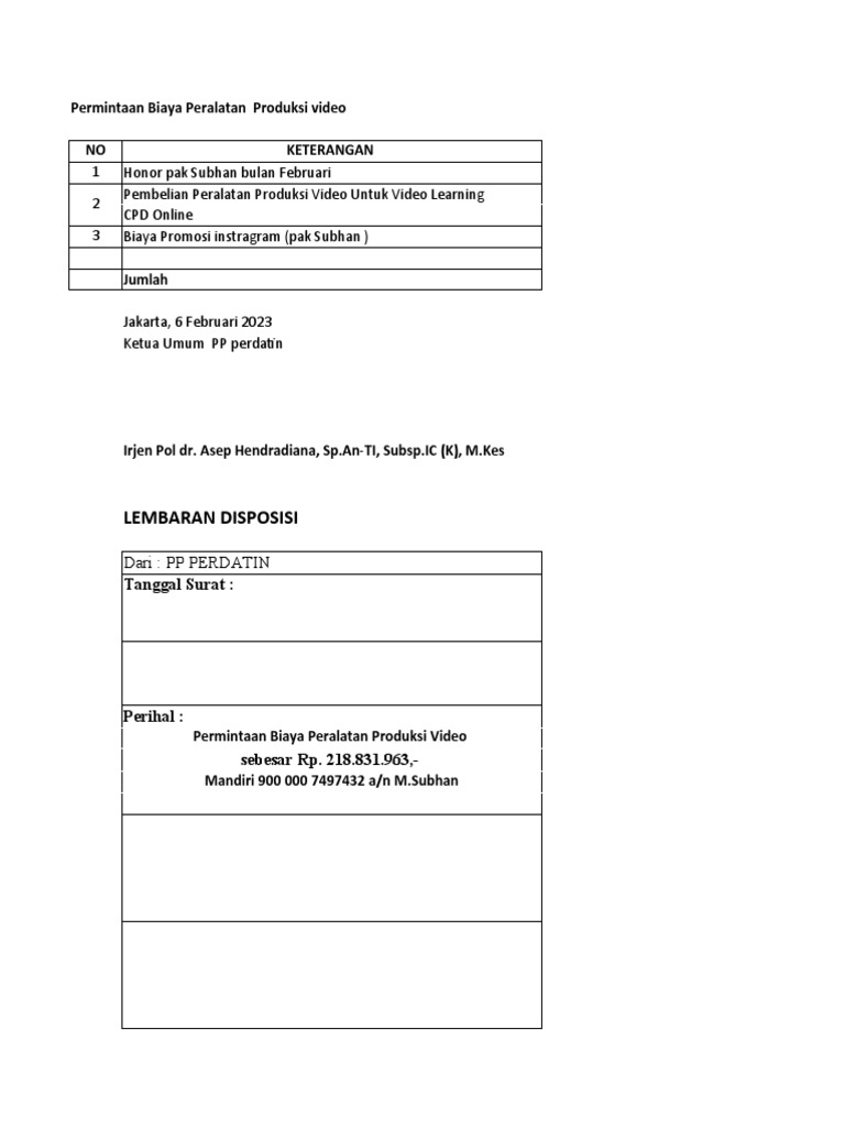 Permintaan Biaya Peralatan Video (Pak Subhan) | PDF