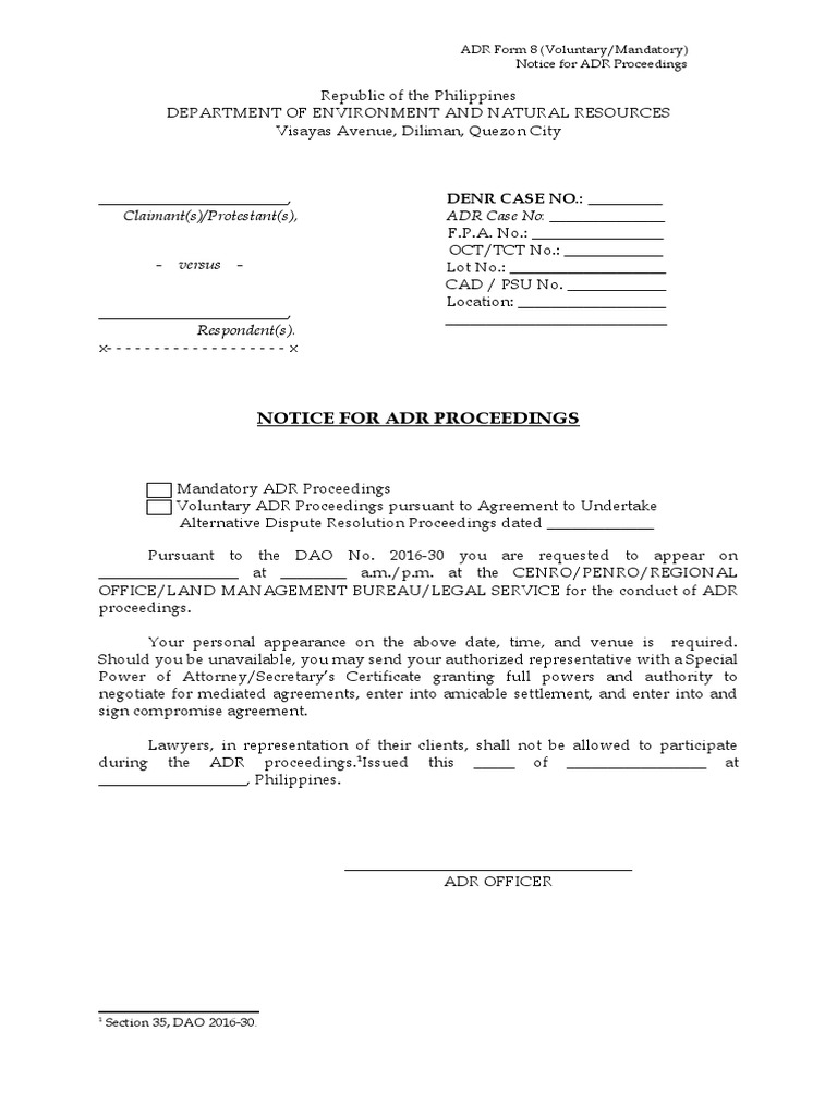 ADR Form No. 8 - Notice For ADR Proceedings - Final | PDF