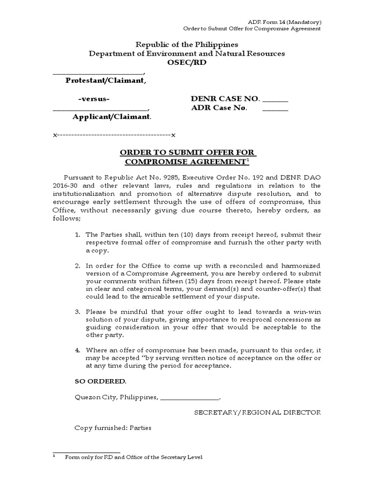 ADR Form No. 14 - Order To Submit Offer of Compromise Agreement or ...