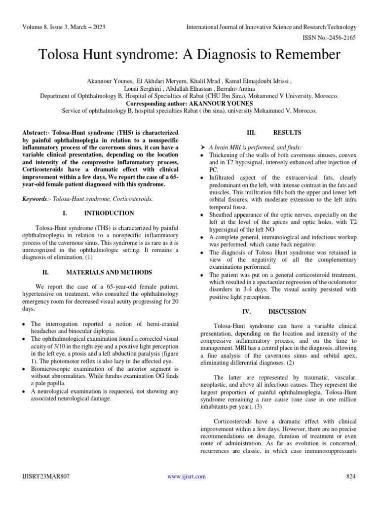 Tolosa Hunt Syndrome a Diagnosis to Remember | PDF | Diseases And ...