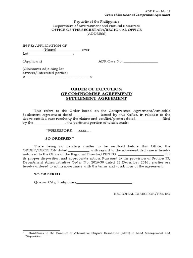 ADR Form No. 18 Order of Execution of Compromise Agreement - Final | PDF