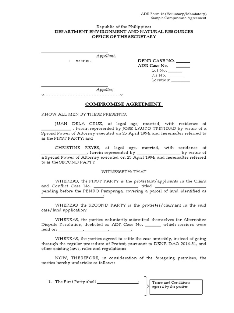 ADR Form No. 16 - Compromise Agreement - Final | PDF | Alternative Dispute Resolution | Common Law