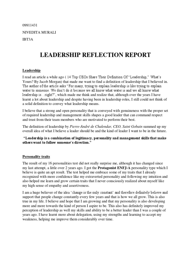 Leadership Reflection Report Pdf Pdf Leadership Cognitive Psychology