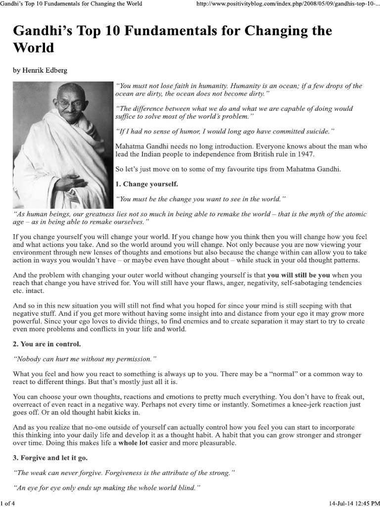 Gandhis Top 10 Fundamentals For Changing The World | PDF | Thought ...