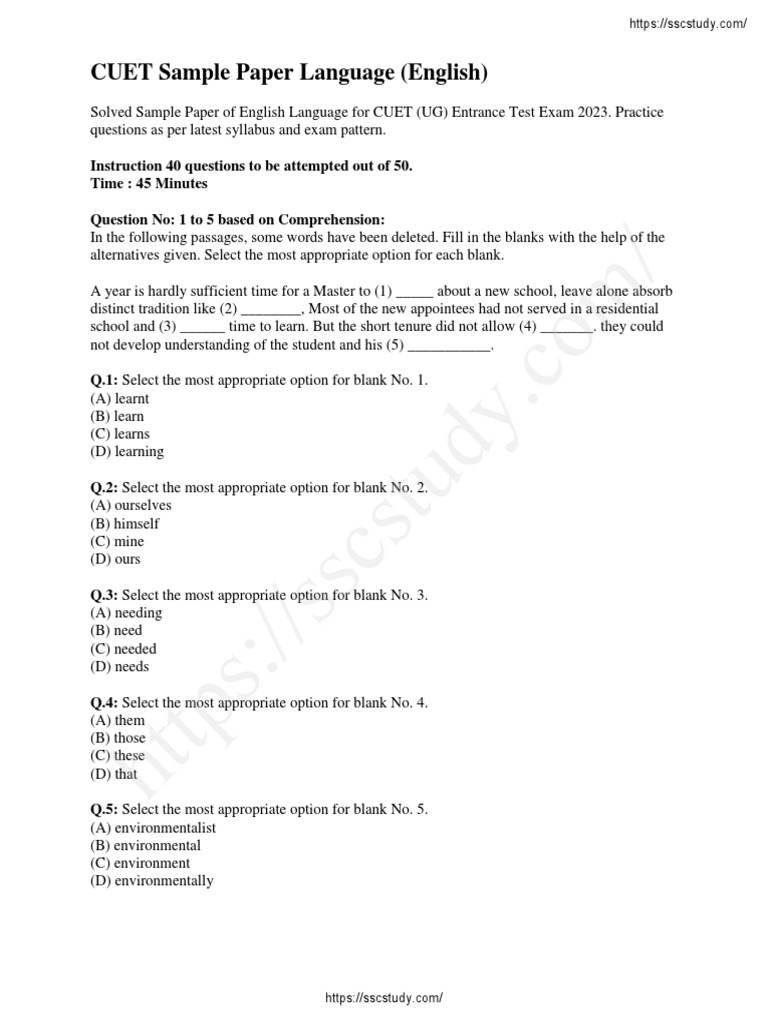 CUET UG Sample Paper English 1 (Sscstudy - Com) | PDF | Part Of Speech ...