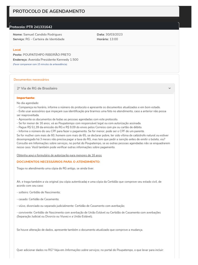 Protocolo Agendamento RG Poupatempo | PDF
