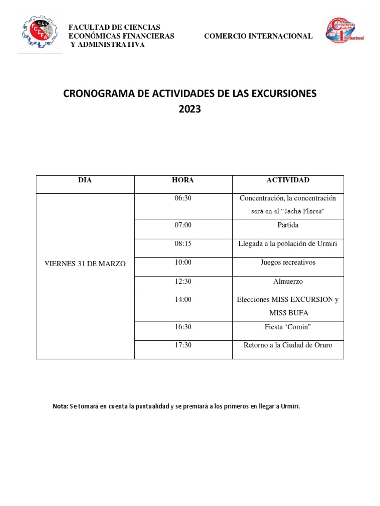 Cronograma de Actividades Excursion 2023 PDF | PDF