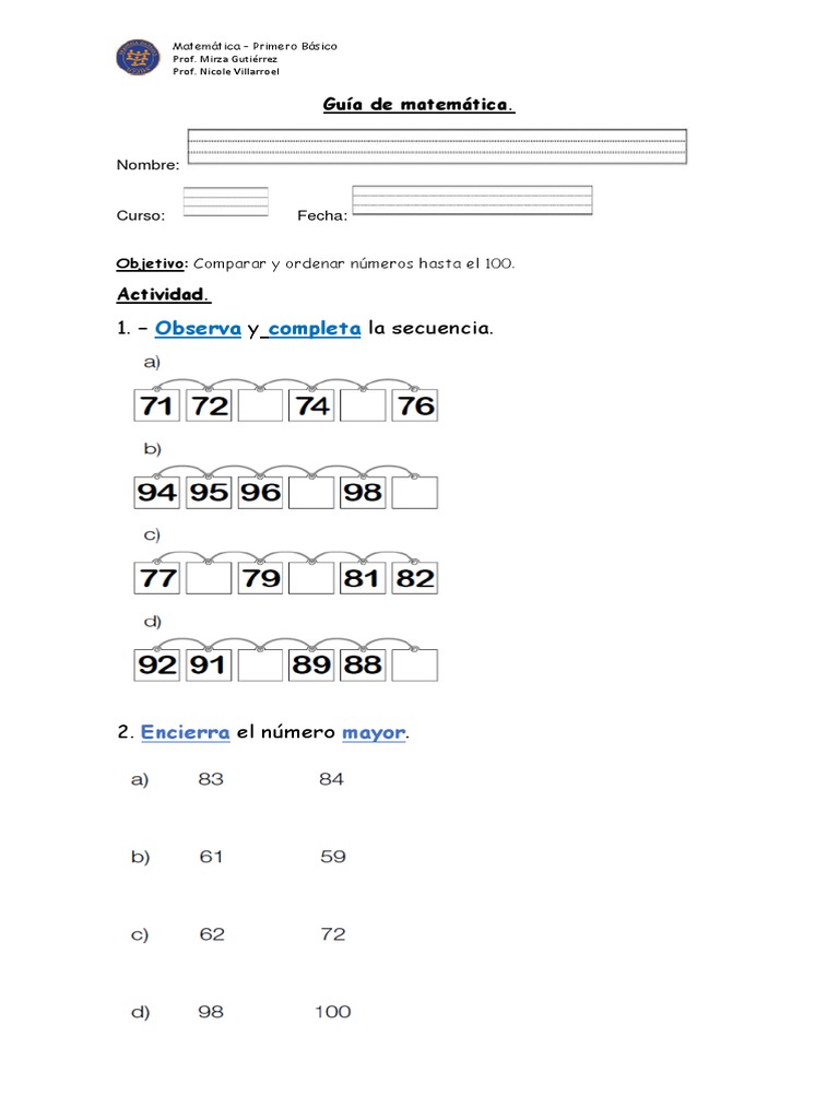 Guía de Matemática Comparar y Ordenar Números Hasta El 100 | PDF