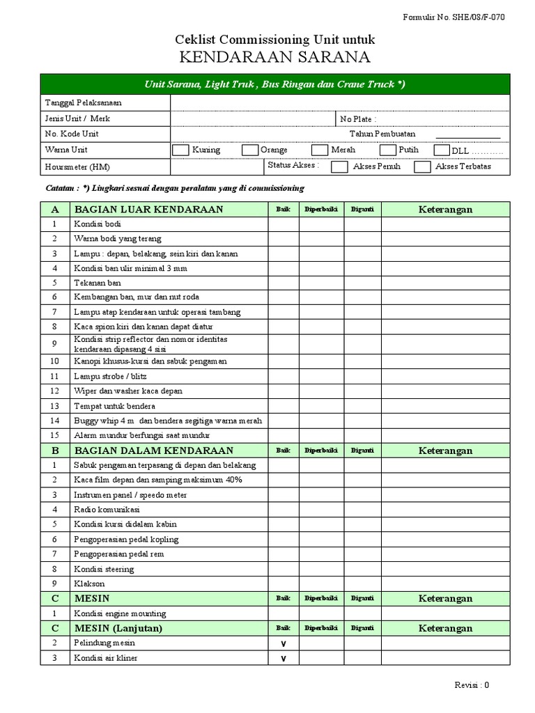 SHE 08 F070 R0 Form Commissioning Unit Untuk Kendaraan Sarana | PDF ...