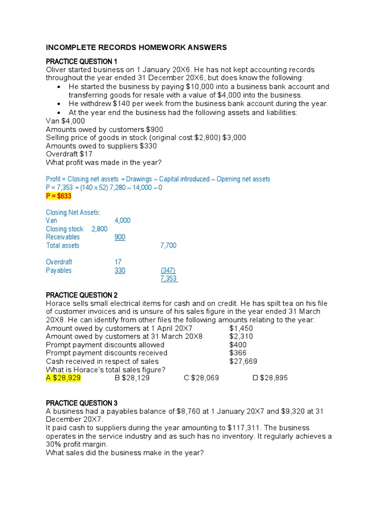 Incomplete Records Homewok Answers | PDF | Accounts Payable | Money