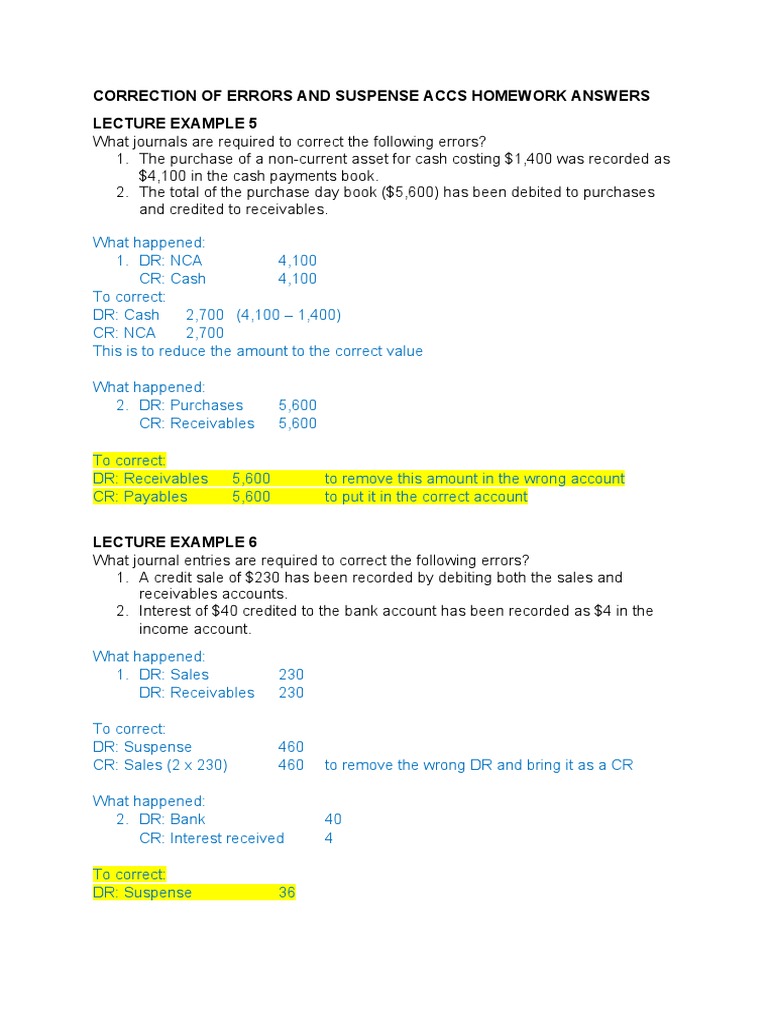 Correction of Errors and Suspsense Acs Homewok Answers | PDF | Debits ...