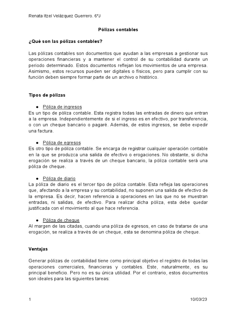 Tipos y funciones de pólizas contables | PDF | Contabilidad | Cheque