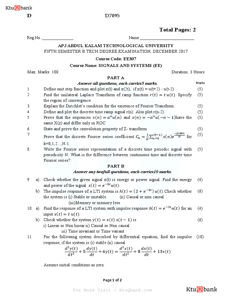 2017 Dec. EE307-A Signals and Systems - Ktu Qbank | PDF | Functions And Mappings | Signal Processing
