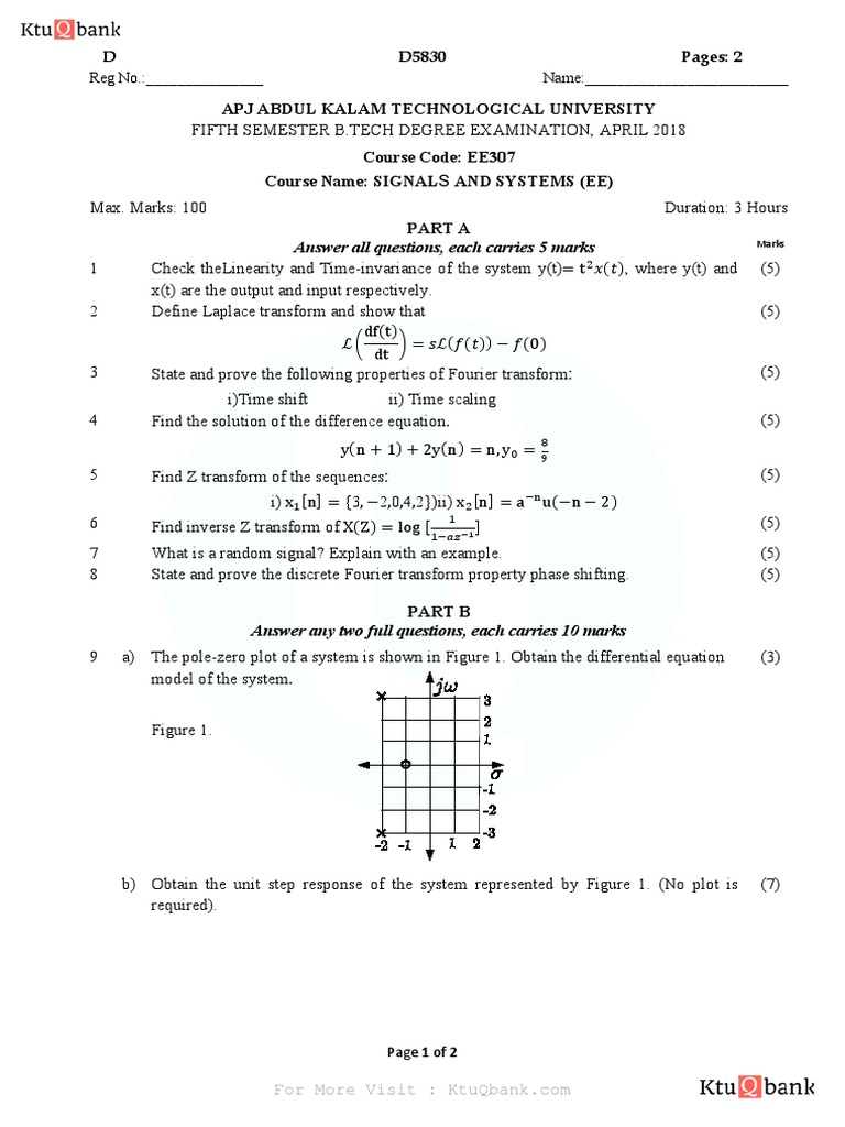 2018 April EE307-B - Ktu Qbank | PDF | Laplace Transform | Signal Processing