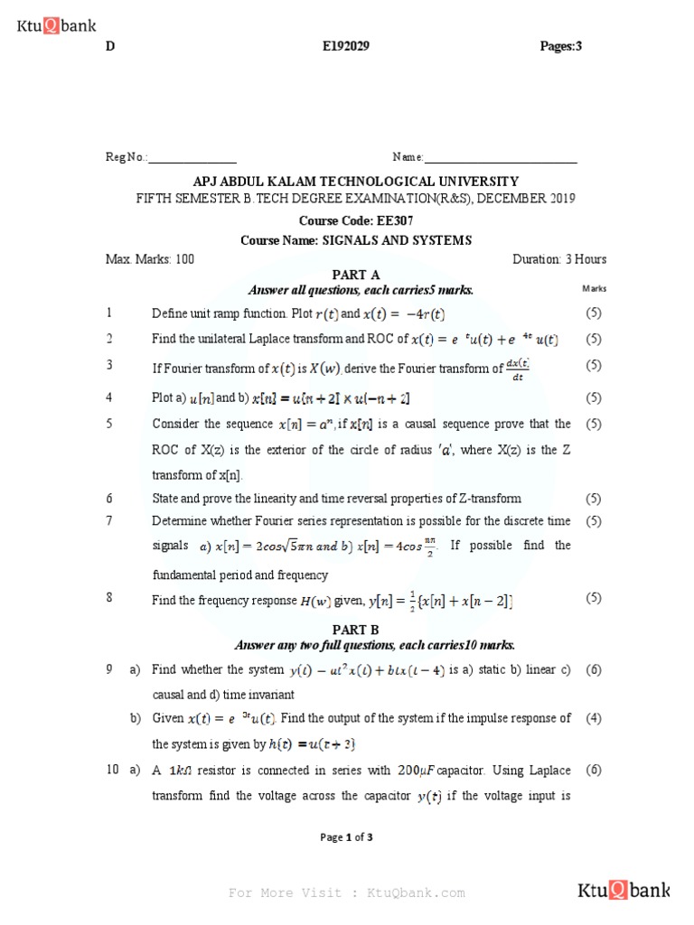 2019 Dec. EE307-E - Ktu Qbank | PDF | Mathematical Analysis | Mathematics