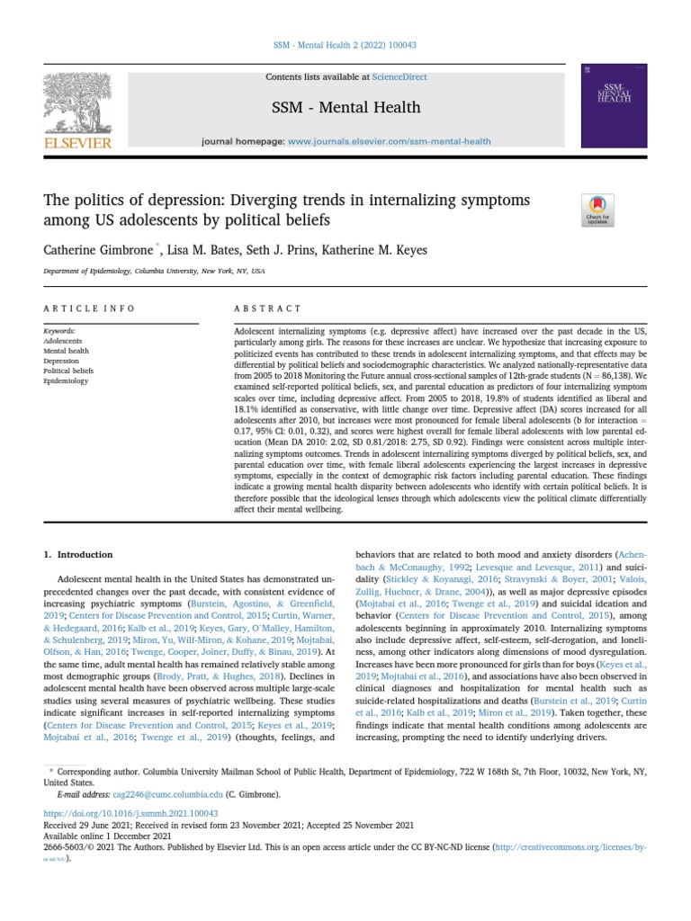 The Politics of Depression: Diverging Trends in Internalizing Symptoms ...