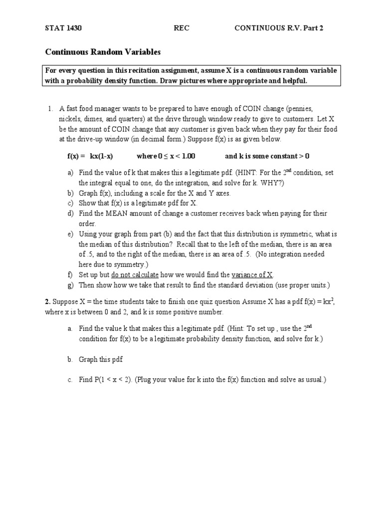 Rec 9B - Continuous Random Variables - Part 2-3 | PDF | Probability ...