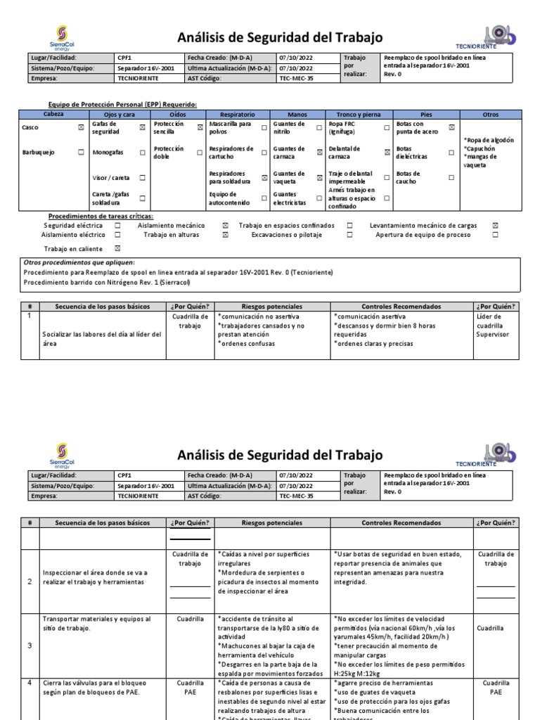AST Reemplazo de Spool Bridado en Línea Entrada Al Separador 16V-2001 ...