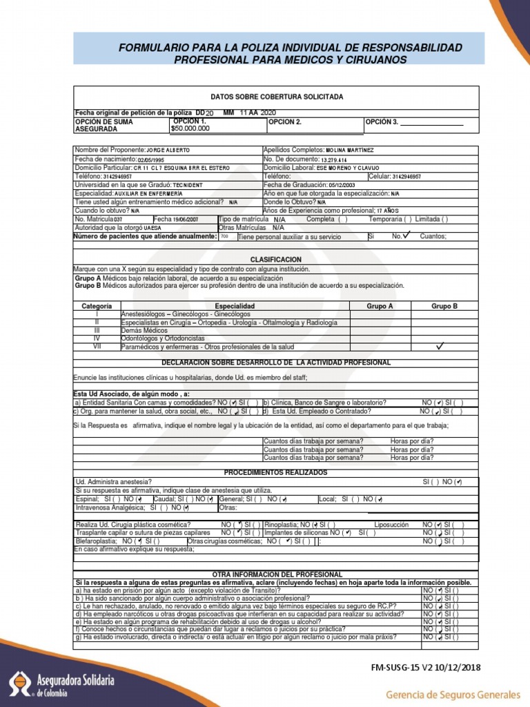 Formulario RC Medicos 20-11-2020 | PDF | Seguro | Cirugía