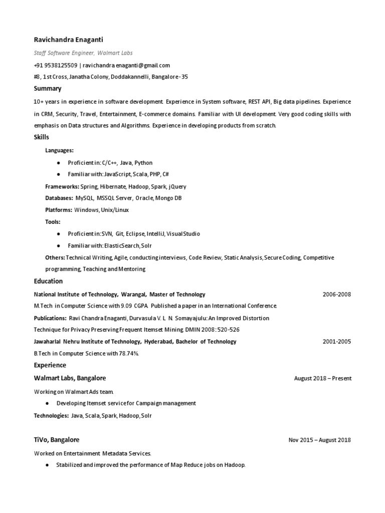 Ravichandra Enaganti: Staff Software Engineer, Walmart Labs | PDF | Apache Hadoop | Java ...