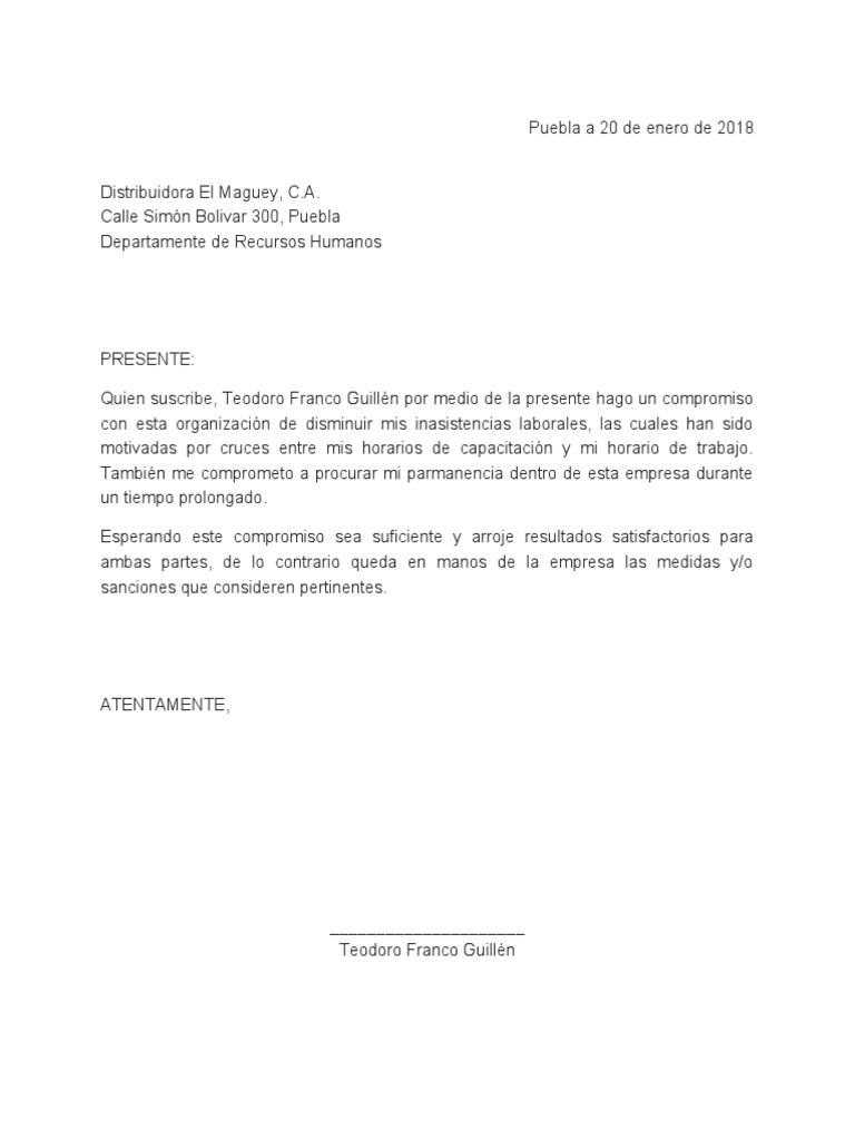 Modelo De Carta De Compromiso Por Faltas Pdf