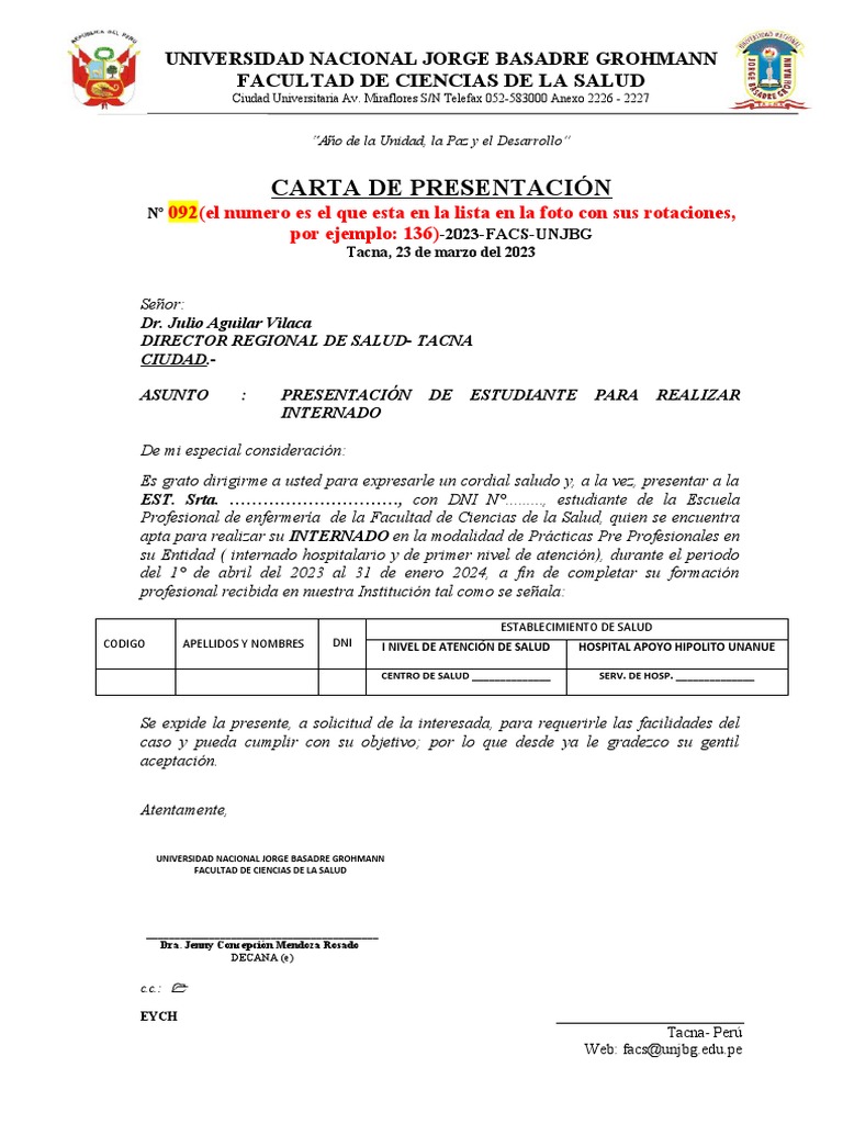 Modelo de Carta de Presentacion de Internado 2023 | PDF