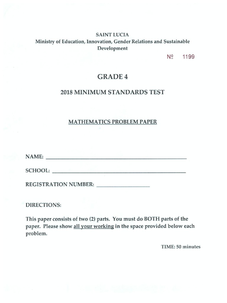 2018 Grade 4 Minimum Standards Mathematics Problem | PDF