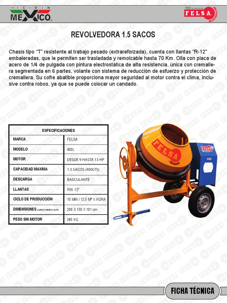 Revolvedora 1.5 Sacos: Ficha Técnica | PDF