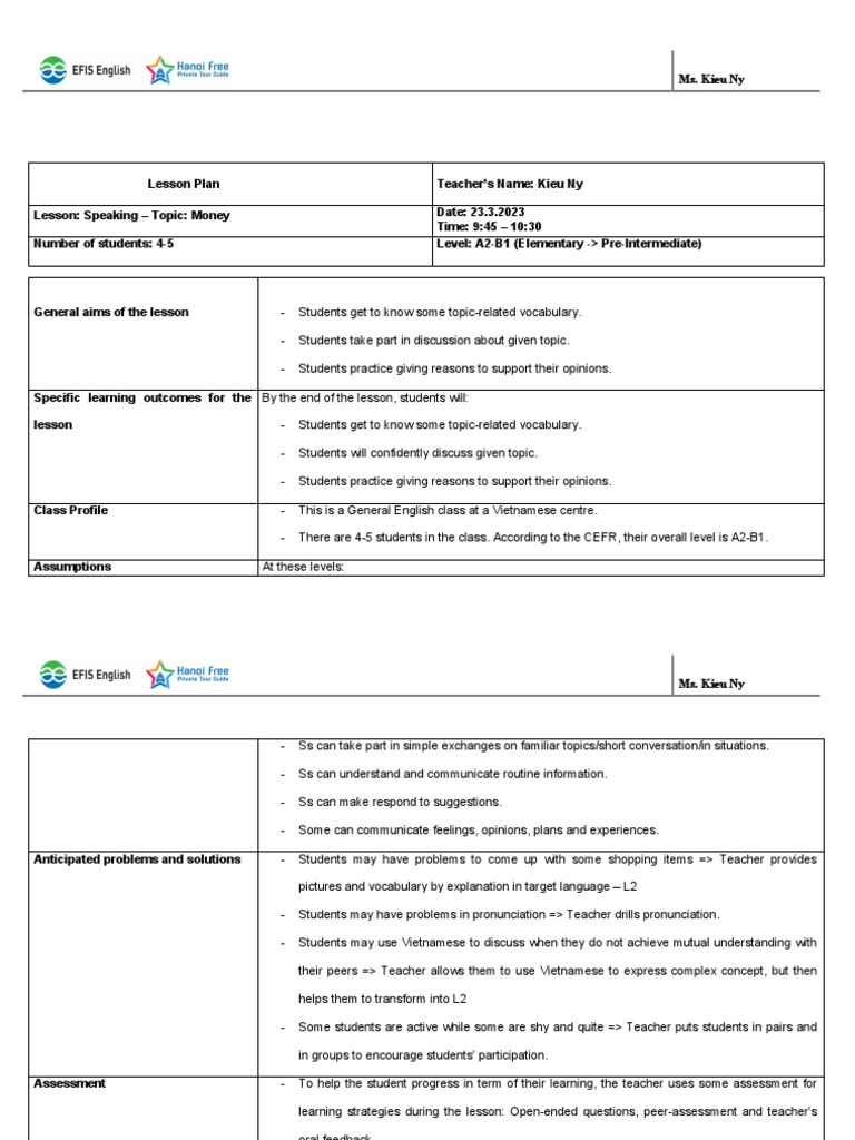 Lesson Plan - Money | PDF | Lesson Plan | Teachers