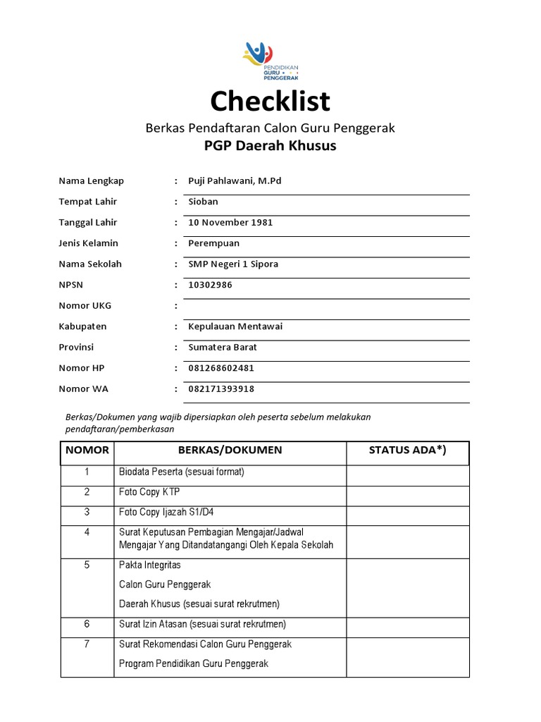 Checklist Berkas PGP DASUS | PDF