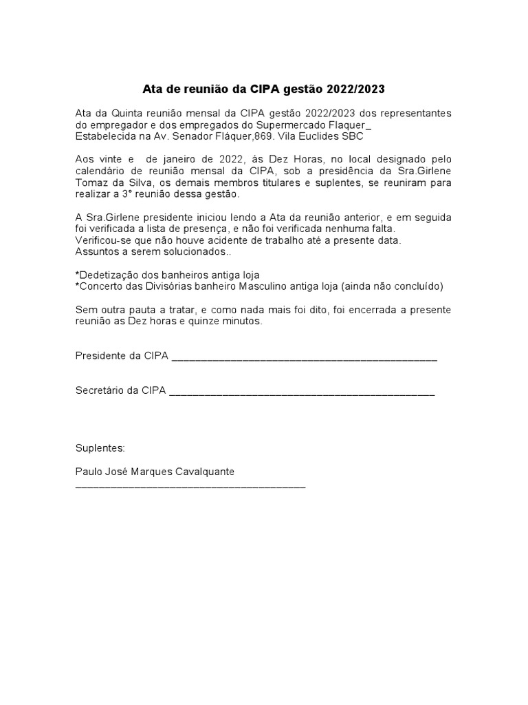 Ata Da Reunião de CIPA | PDF
